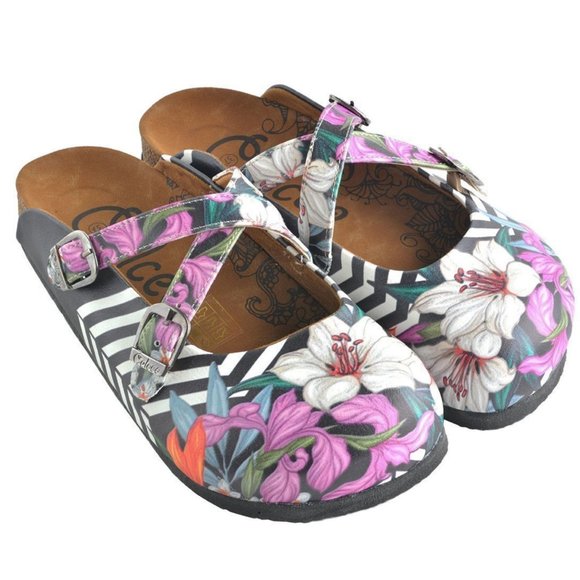 Calceo | Shoes | Black Pink Floral Stripe Clogs Calceo Line Of Goby ...